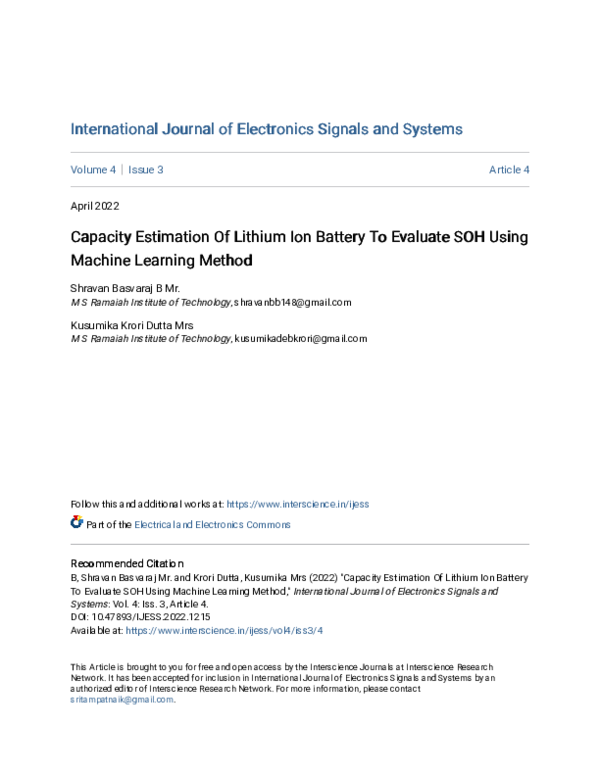 Pdf Capacity Estimation Of Lithium Ion Battery To Evaluate Soh Using Machine Learning Method