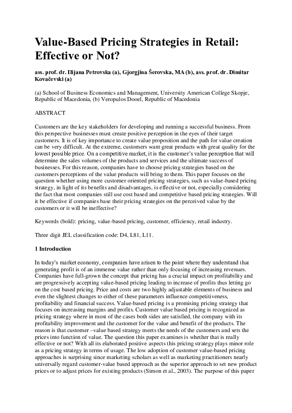 (PDF) Value-Based Pricing Strategies in Retail: Effective or Not?