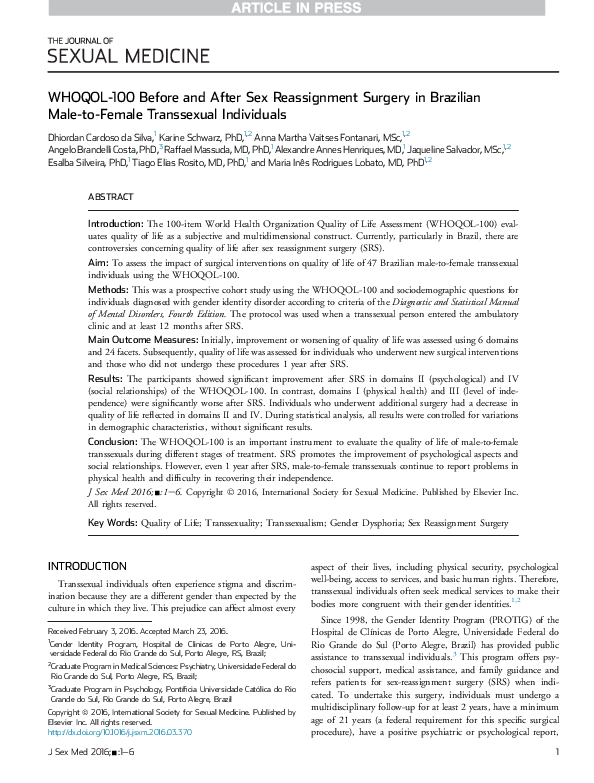 (PDF) WHOQOL-100 Before and After Sex Reassignment Surgery in Brazilian ...