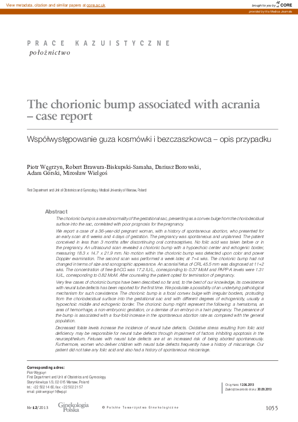 Pdf The Chorionic Bump Associated With Acrania Case Report