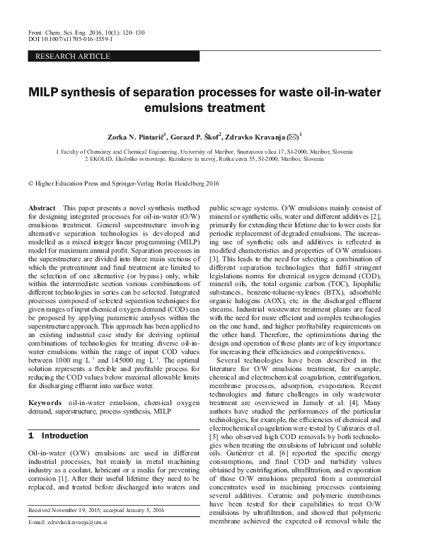 (PDF) MILP synthesis of separation processes for waste oil-in-water ...