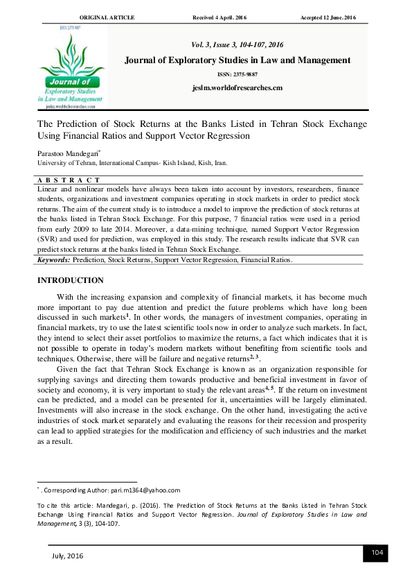 (PDF) The Prediction of Stock Returns at the Banks Listed in Tehran Stock Exchange Using ...