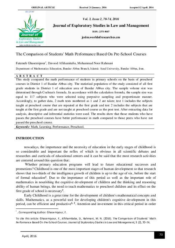 (PDF) The Comparison of Students' Math Performance Based On Pre-School ...