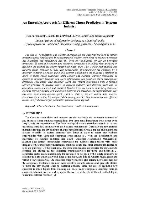 Pdf An Ensemble Approach For Efficient Churn Prediction In Telecom