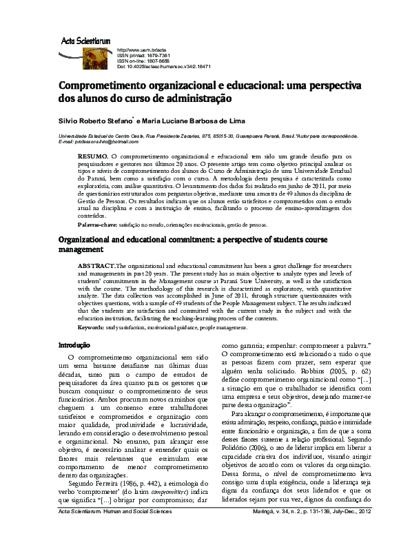 (PDF) Comprometimento organizacional e educacional: uma perspectiva dos ...