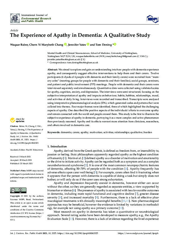 (PDF) The Experience of Apathy in Dementia: A Qualitative Study