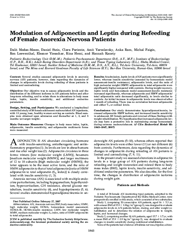 (PDF) Modulation of Adiponectin and Leptin during Refeeding of Female ...