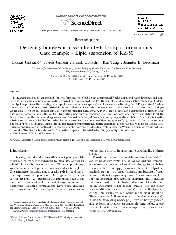 Pdf Designing Biorelevant Dissolution Tests For Lipid Formulations