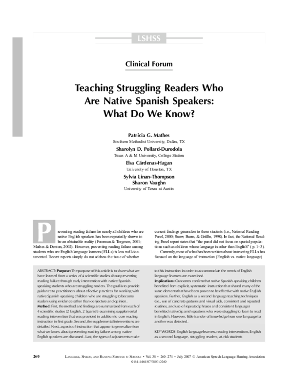(PDF) Teaching Struggling Readers Who Are Native Spanish Speakers: What ...