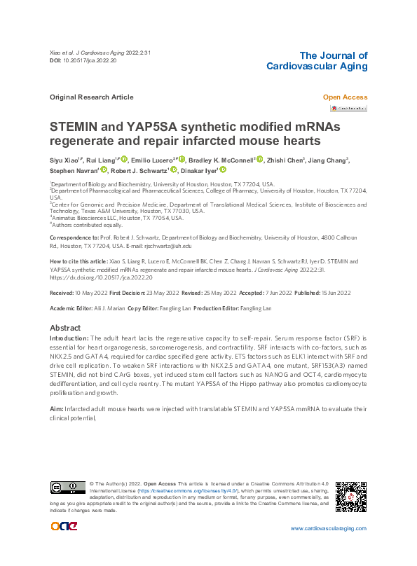 STEMIN and YAP5SA synthetic modified mRNAs regenerate and repair ...