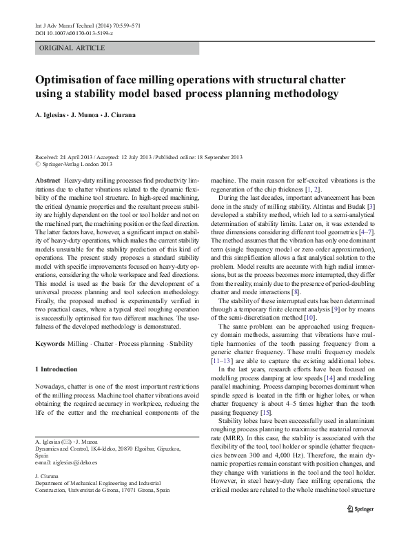 (PDF) Optimisation of face milling operations with structural chatter using a stability model ...