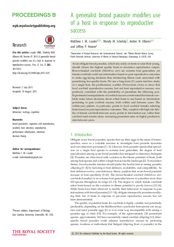 (PDF) A generalist brood parasite modifies use of a host in response to ...