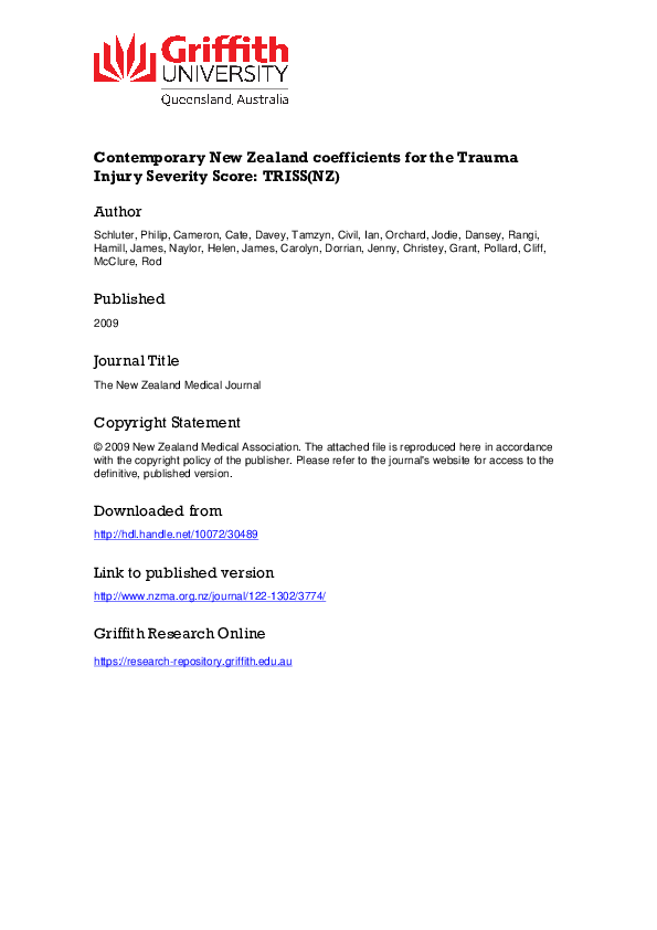(PDF) Contemporary New Zealand coefficients for the Trauma Injury ...