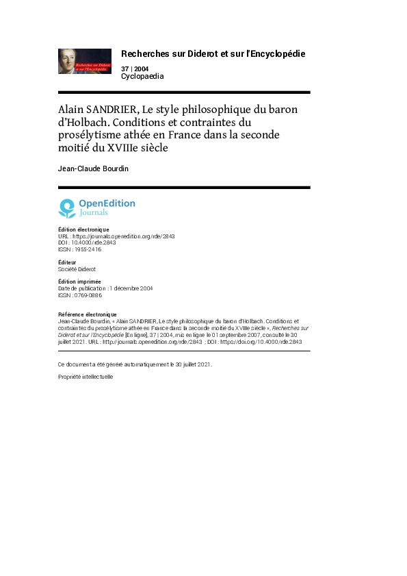 (PDF) Alain SANDRIER, Le style philosophique du baron d'Holbach ...