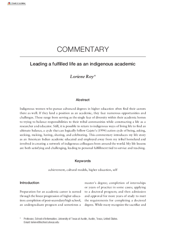 (PDF) Commentary: Leading a fulfilled life as an indigenous academic