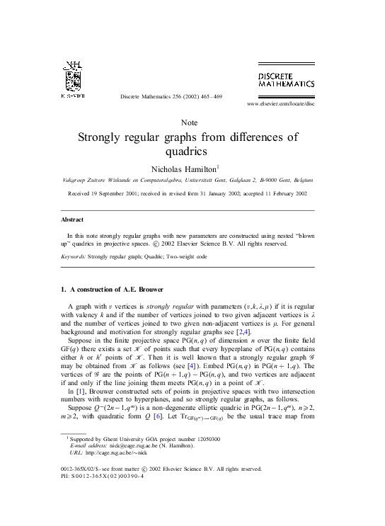 (PDF) Strongly regular graphs from differences of quadrics