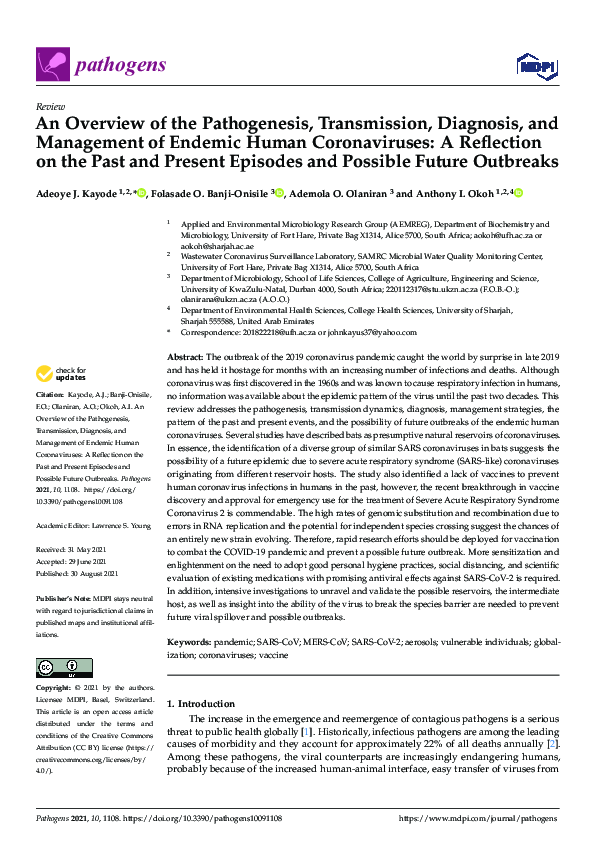 (PDF) An Overview of the Pathogenesis, Transmission, Diagnosis, and ...