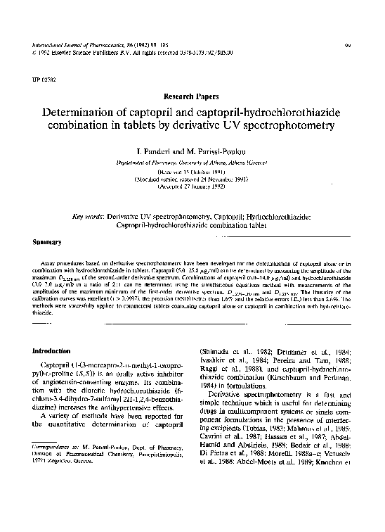 Pdf Determination Of Captopril And Captopril Hydrochlorothiazide Combination In Tablets By