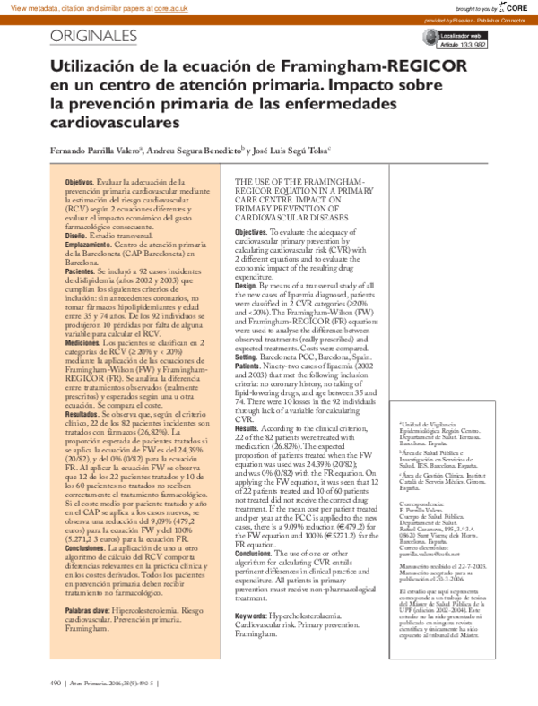 (PDF) Utilización de la ecuación de Framingham-REGICOR en un centro de ...