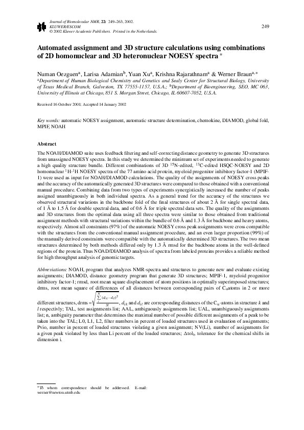 (PDF) Automated assignment and 3D structure calculations using combinations of 2D homonuclear ...