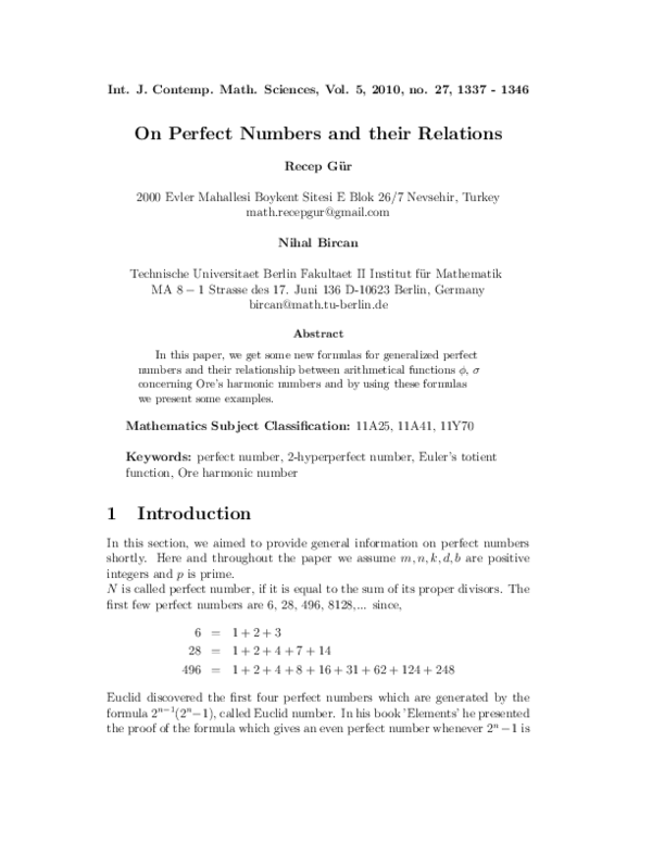(PDF) On Perfect Numbers and their Relations