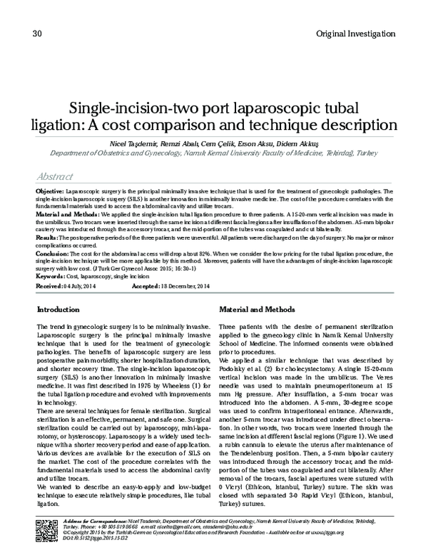 (PDF) Single-incision-two port laparoscopic tubal ligation: A cost comparison and technique ...