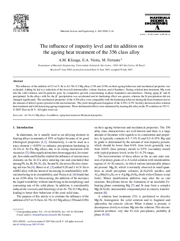 (PDF) The influence of impurity level and tin addition on the ageing heat treatment of the 356 ...