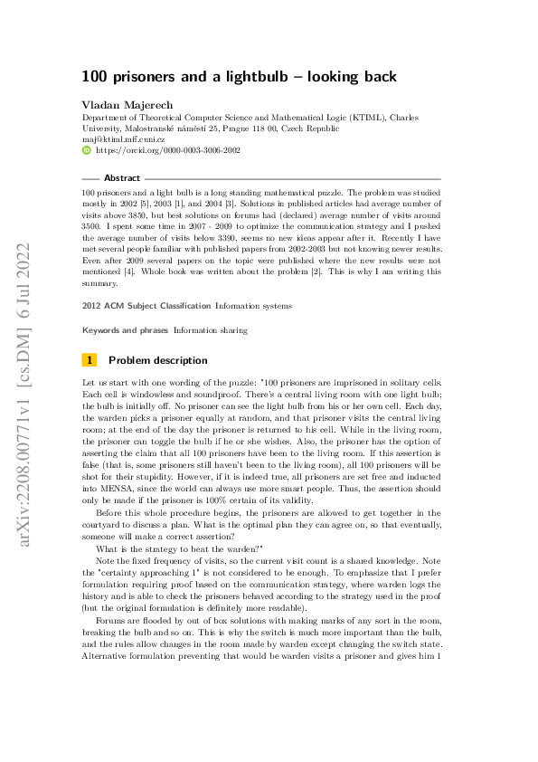 (PDF) 100 Prisoners and a Lightbulb -- Looking Back