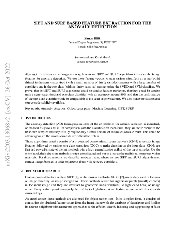 (PDF) SIFT and SURF based feature extraction for the anomaly detection