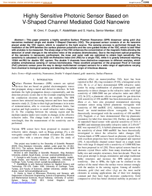 (PDF) Highly Sensitive Photonic Sensor Based on V-Shaped Channel Mediated Gold Nanowire
