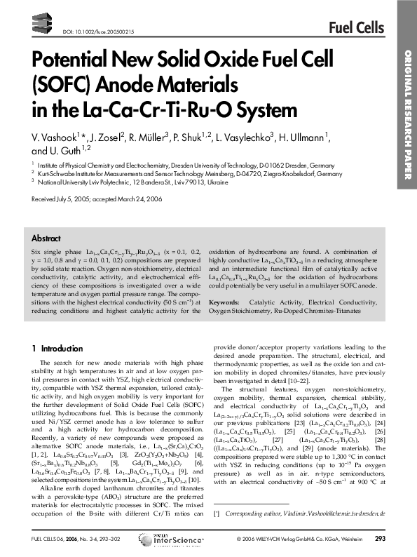 Pdf Potential New Solid Oxide Fuel Cell Sofc Anode Materials In The La Ca Cr Ti Ru O System