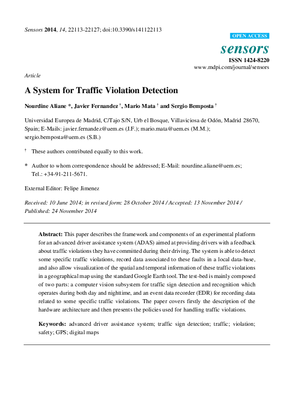 (PDF) Article A System for Traffic Violation Detection
