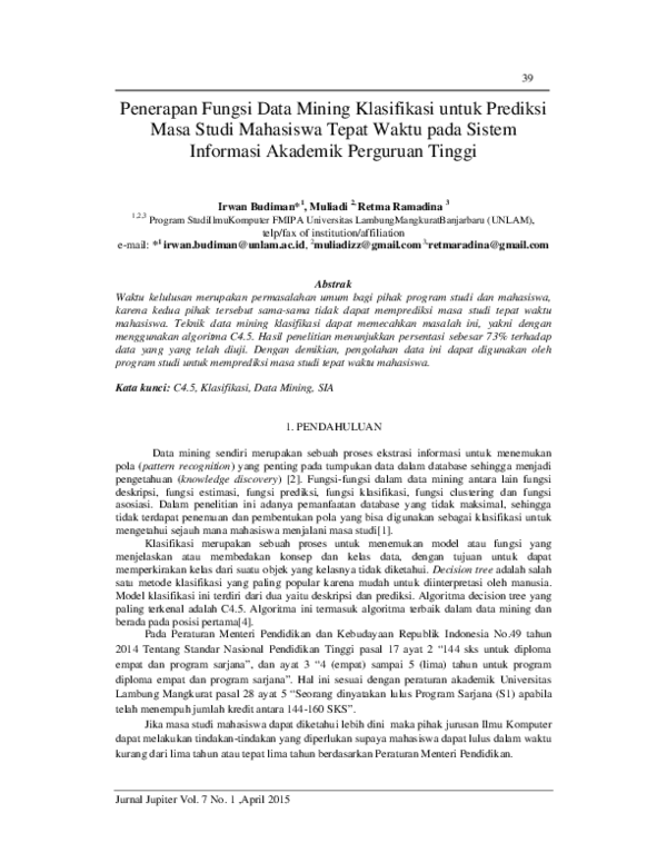 (PDF) Penerapan Fungsi Data Mining Klasifikasi untuk Prediksi Masa Studi Mahasiswa Tepat Waktu ...
