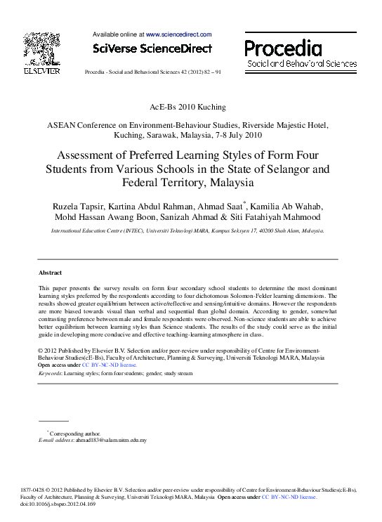(PDF) Assessment of Preferred Learning Styles of Form Four Students ...