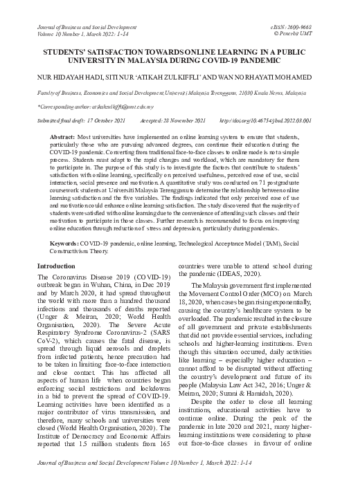 (PDF) Students’ Satisfaction Towards Online Learning in a Public University in Malaysia During ...