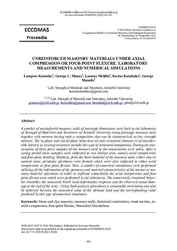 (PDF) Unreinforced Masonry Materials Under Axial Compression or Four-Point Flexure. Laboratory ...