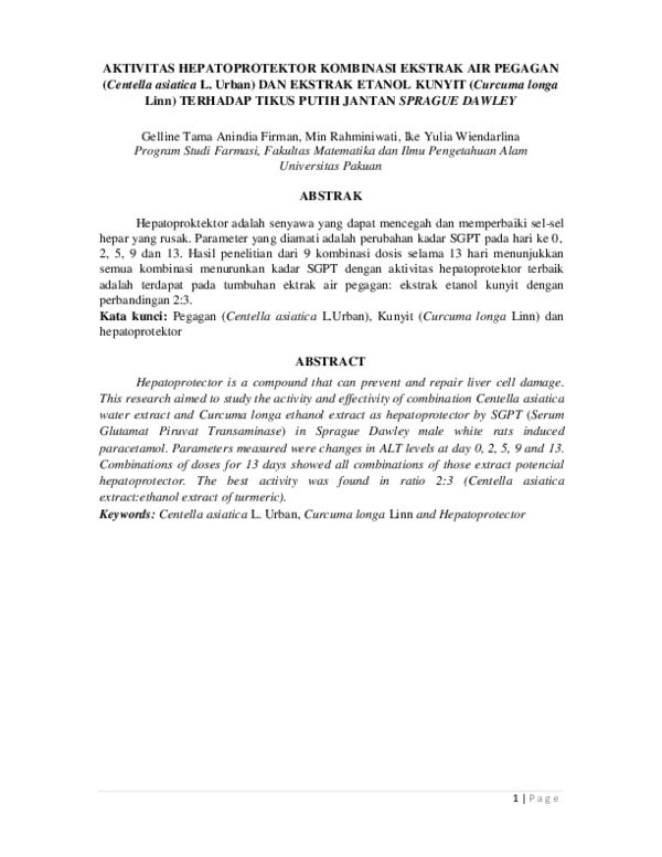 (PDF) AKTIVITAS HEPATOPROTEKTOR KOMBINASI EKSTRAK AIR PEGAGAN (Centella asiatica L. Urban) DAN ...