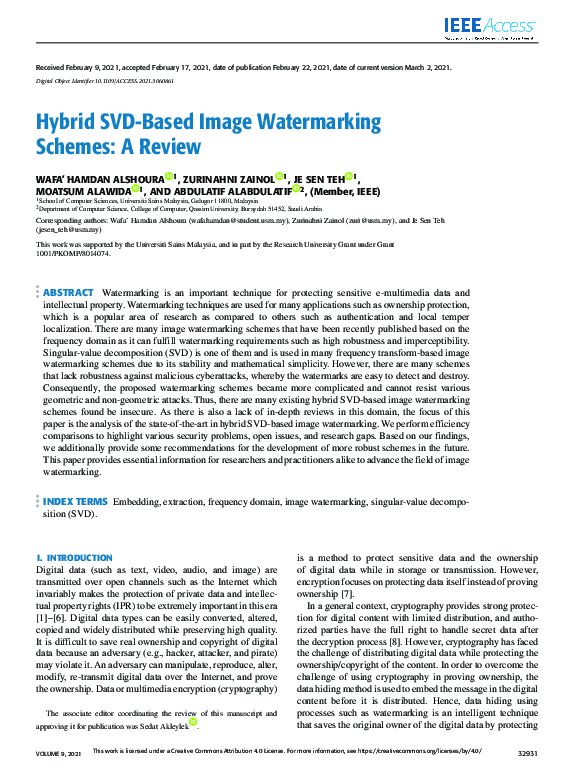 (PDF) Hybrid SVD-Based Image Watermarking Schemes: A Review