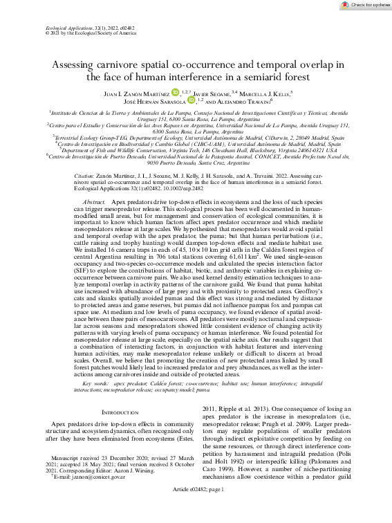 (PDF) Assessing carnivore spatial co‐occurrence and temporal overlap in the face of human ...