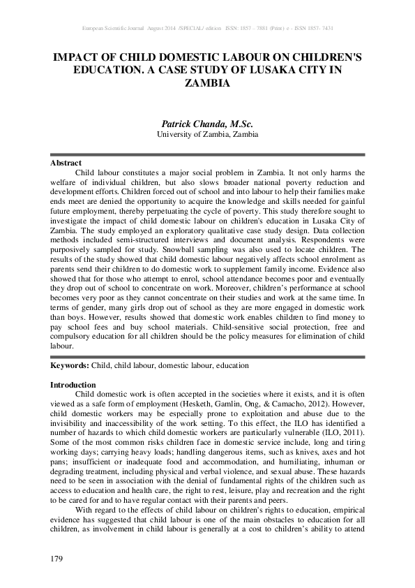 (PDF) Impact of Child Domestic Labour on Children's Education: A Case ...