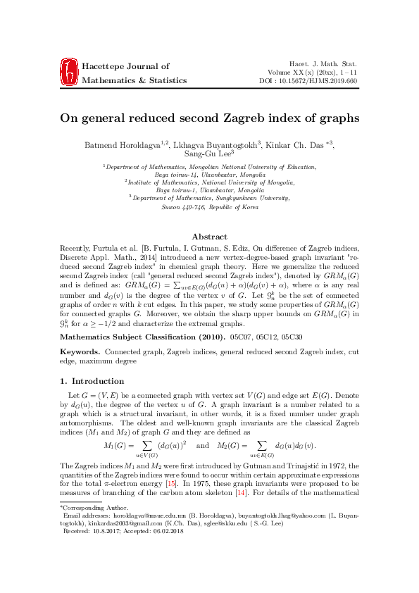(PDF) On general reduced second Zagreb index of graphs