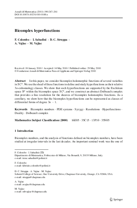 (PDF) Bicomplex hyperfunctions
