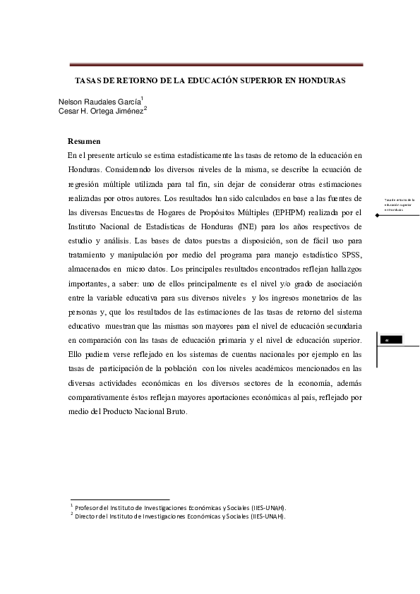(PDF) Tasas de retorno de la educación superior en honduras