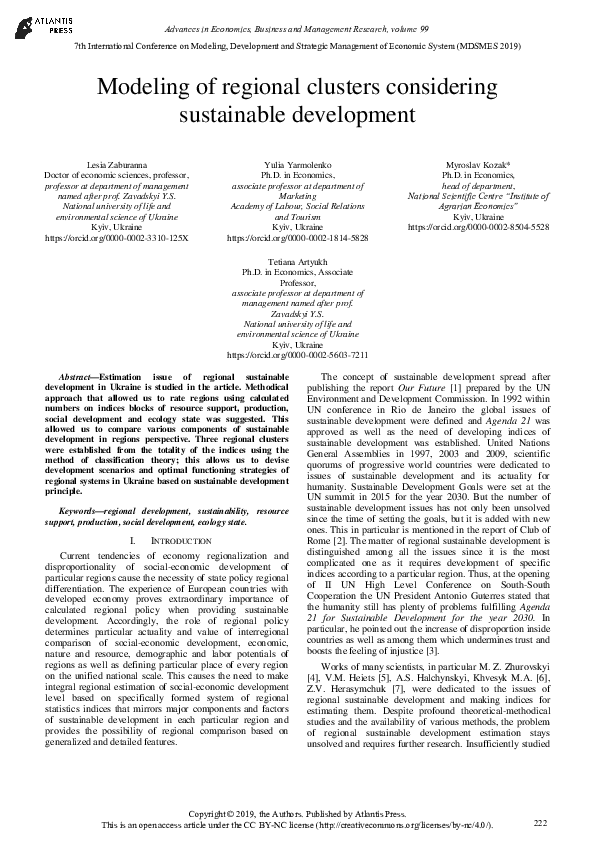 (PDF) Modeling of regional clusters considering sustainable development