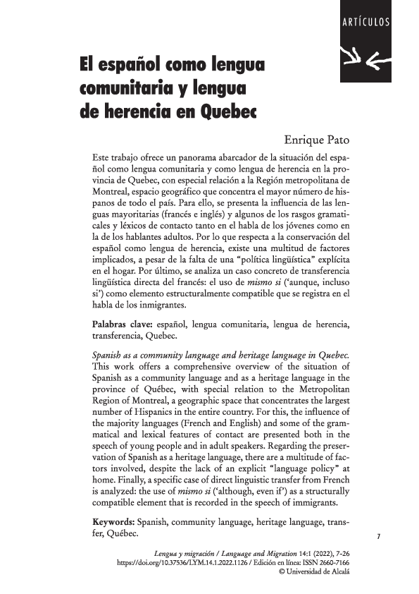 (PDF) español como lengua comunitaria y lengua de herencia en Quebec ...