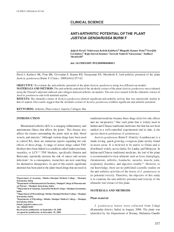 (PDF) Anti-Arthritic Potential of the Plant Justicia Gendarussa Burm F
