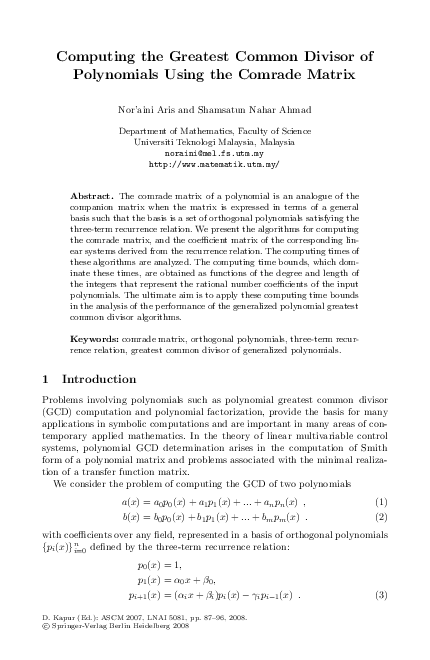 (PDF) GCD of Polynomials via Comrade Matrix Approach