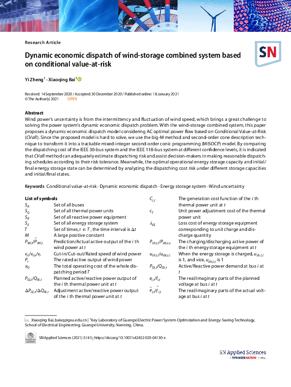 Pdf Dynamic Economic Dispatch Of Wind Storage Combined System Based On Conditional Value At Risk