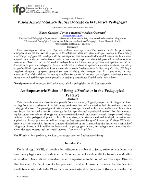 (PDF) Visión Antropocéntrica del Ser Docente en la Práctica Pedagógica