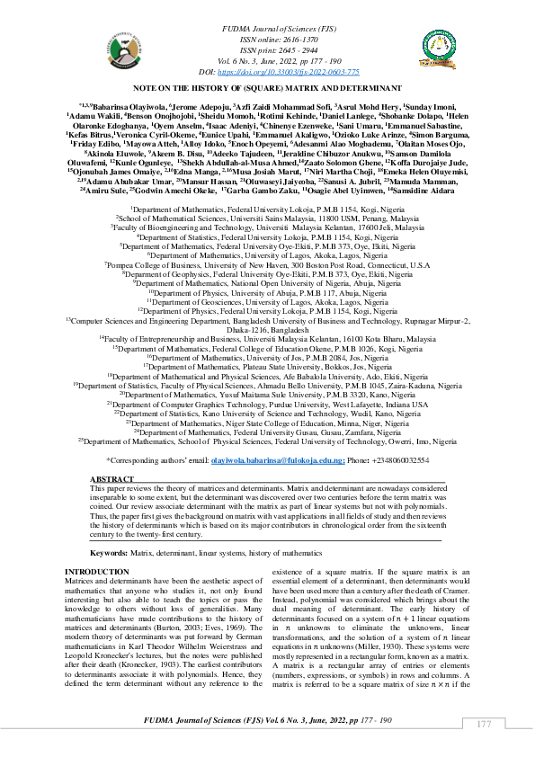 (PDF) Note on the History of (Square) Matrix and Determinant | Adamu Umar - Academia.edu